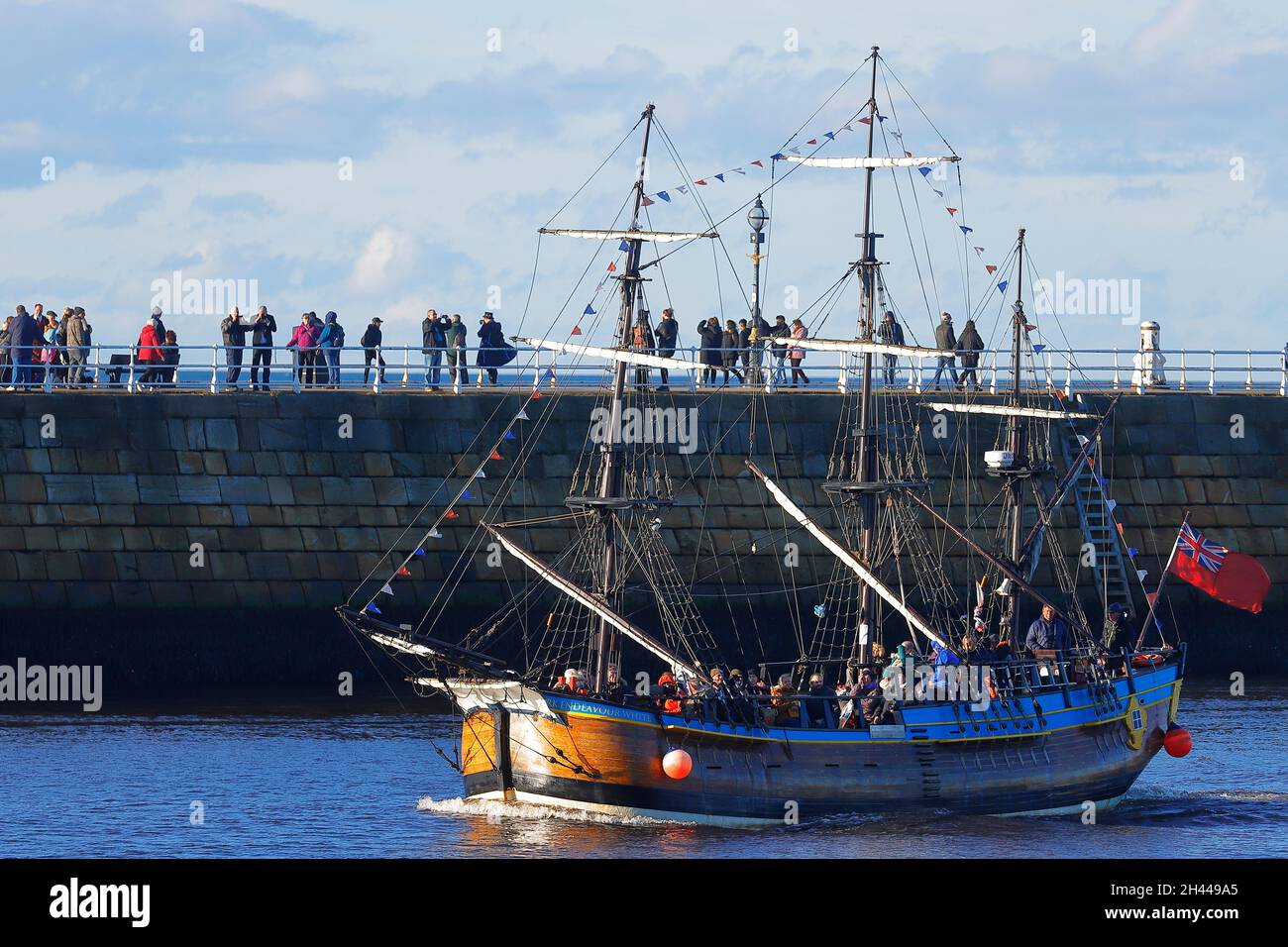Replica of Bark Endeavour giving pleasure trips around Whitby Bay,North ...