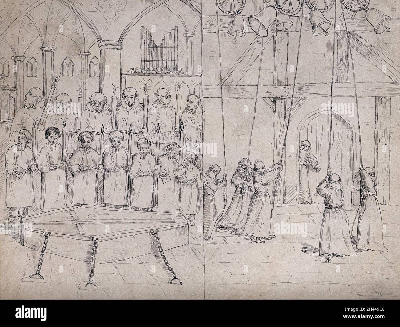 Left, a choir singing mass for a deceased placed before them in a ...
