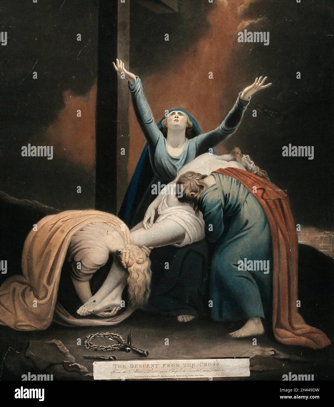 The three holy women lament over the dead body of Christ. Coloured ...