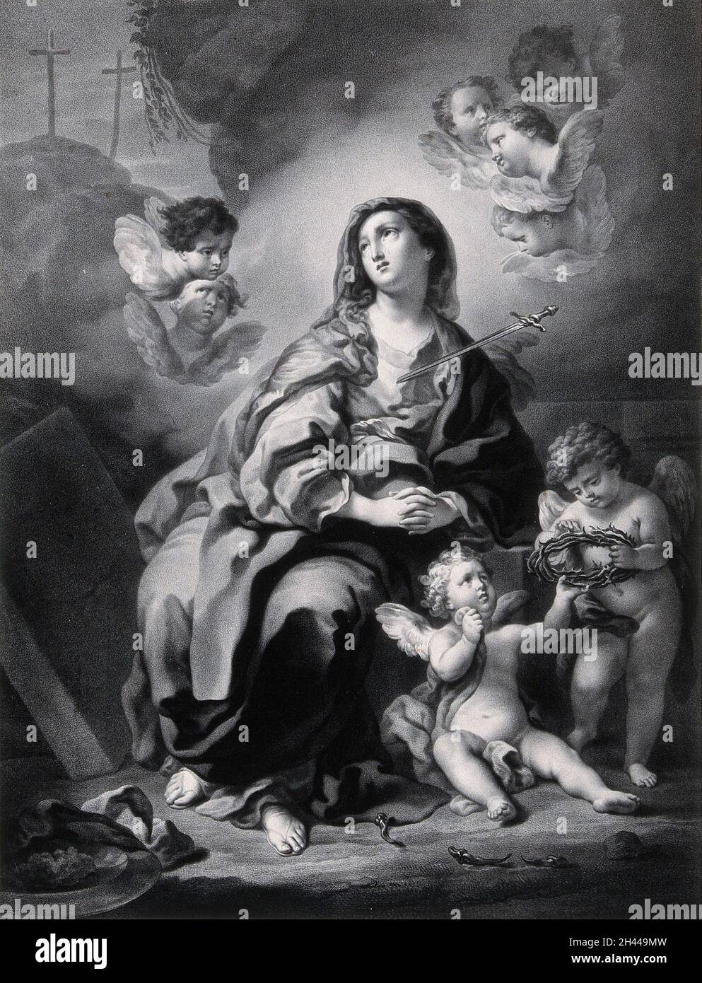 Saint Mary (the Blessed Virgin) with angels. Lithograph by M. Lavigne ...