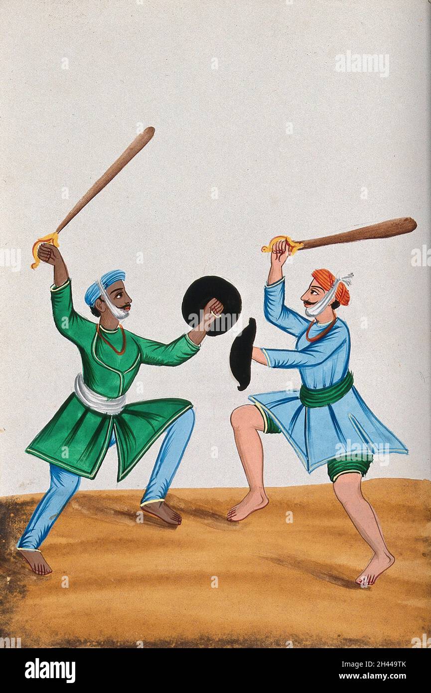 Two Sikh men dueling with wooden swords. Watercolour by an Indian ...