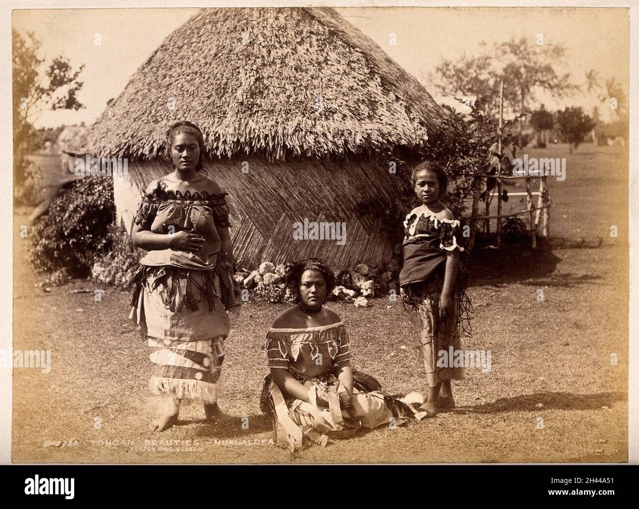 Nuku'alofa, Tonga: three Tongan women in front of a traditional hut ...