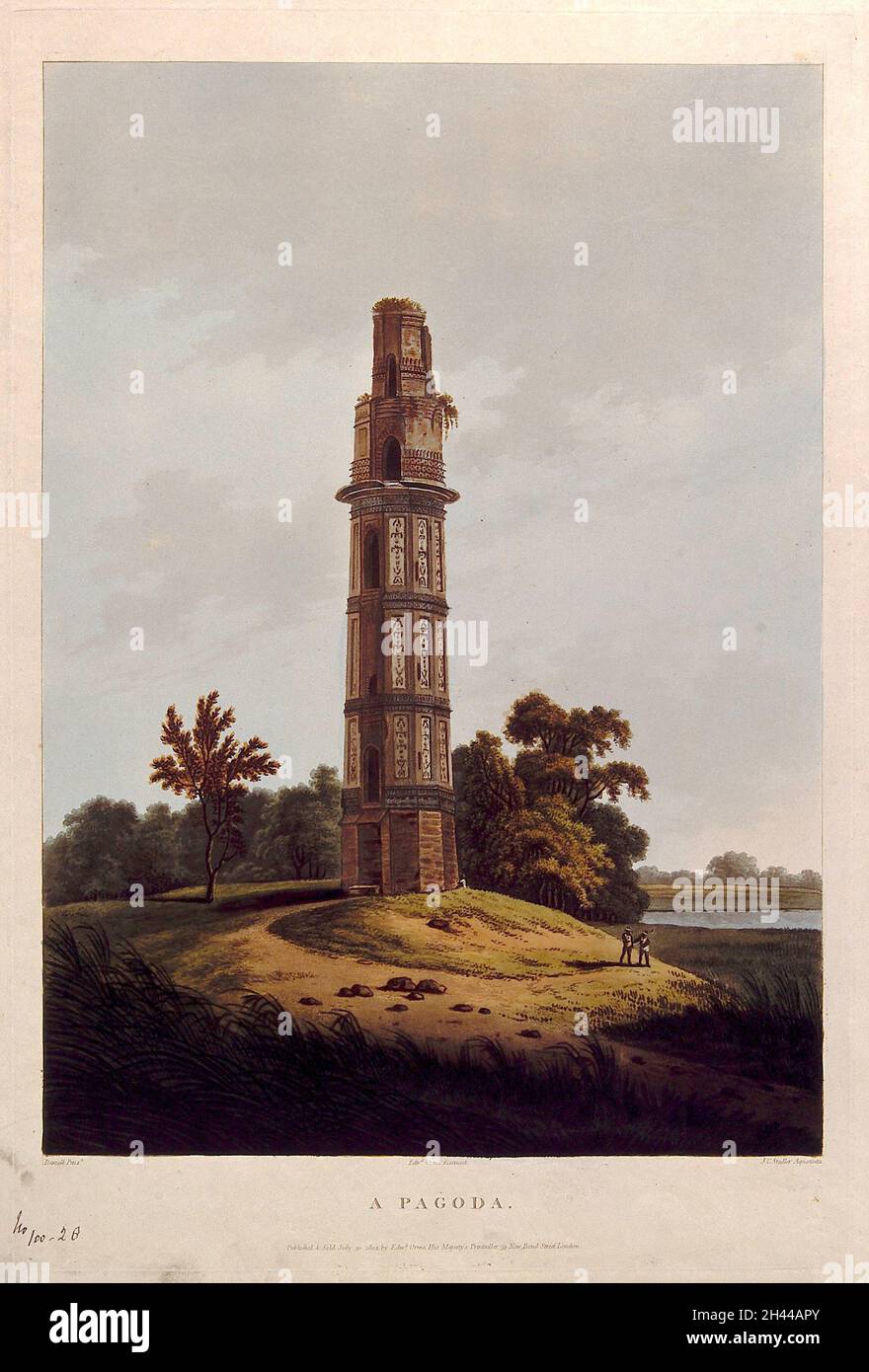 Landscape with pagoda, India. Coloured aquatint by Edward Orme and ...