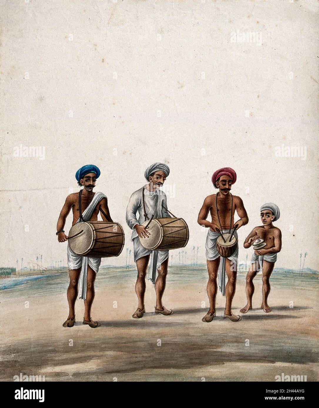 Four musicians playing their instruments. Watercolour by an Indian ...