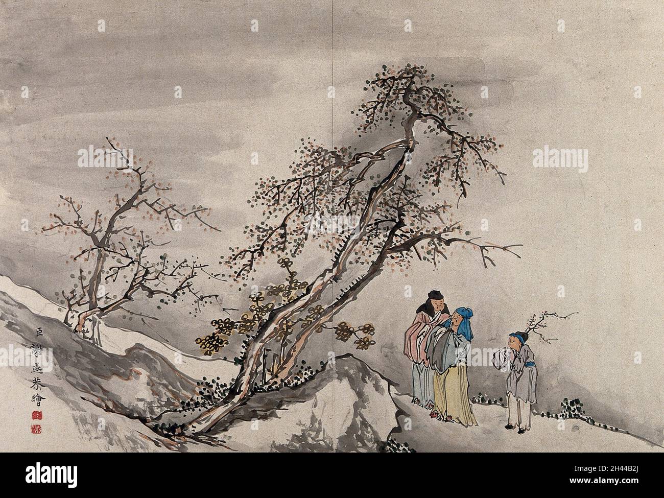 Two Chinese sages, with an assistant in front of a tall tree. Gouache ...