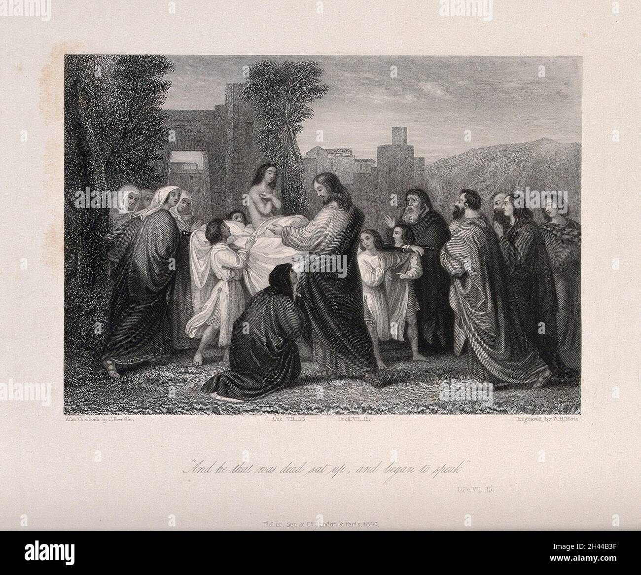 Christ raises the widow's son from the dead. Engraving by W.H. Mote ...