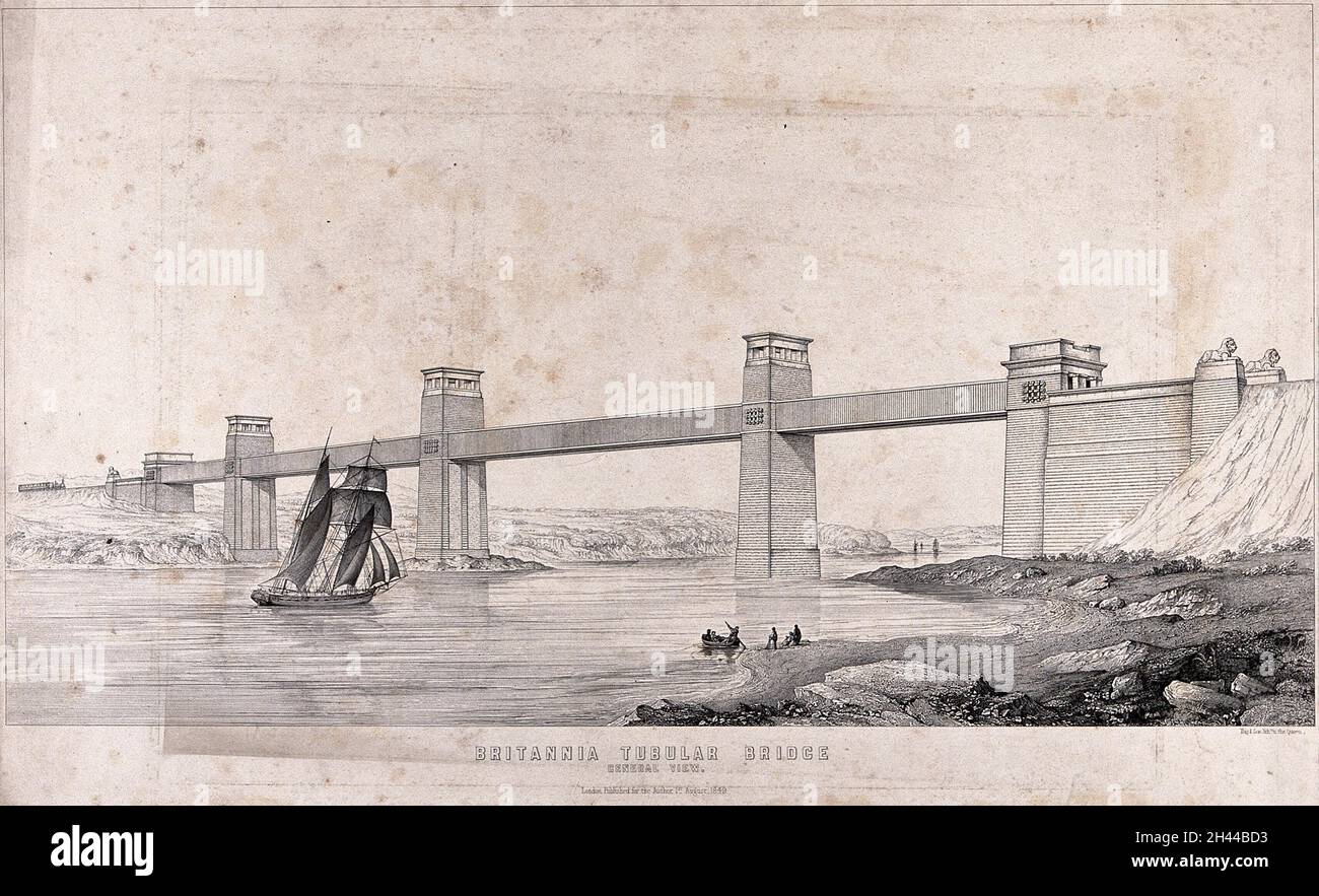 Civil engineering: the Menai box girder bridge. Lithograph by Day & son ...
