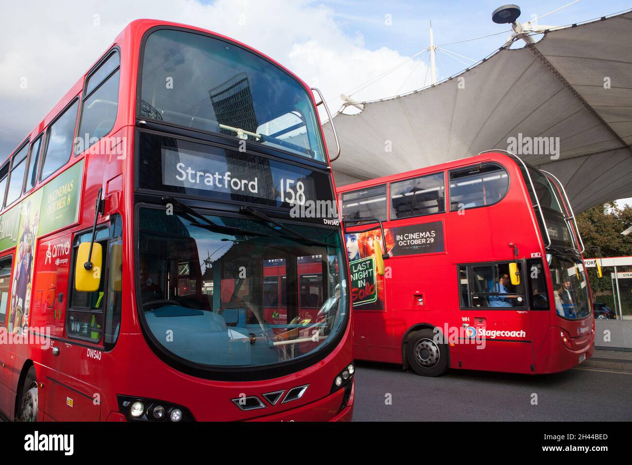 Double-decker red London buses in Stratford, UK Stock Photo - Alamy