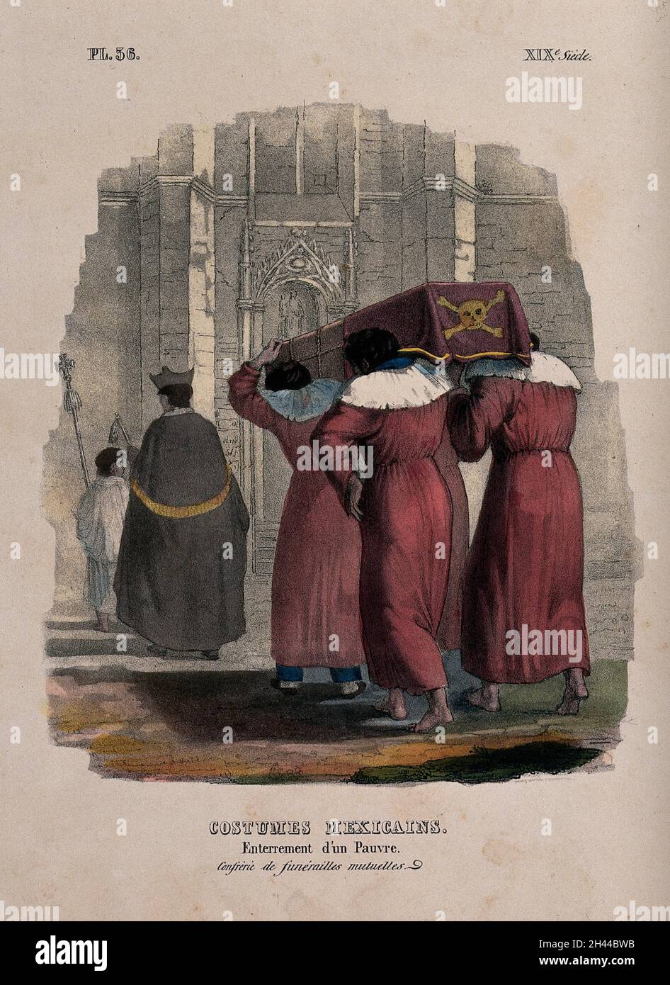 Four pallbearers in Mexican dress carrying a coffin behind a priest ...