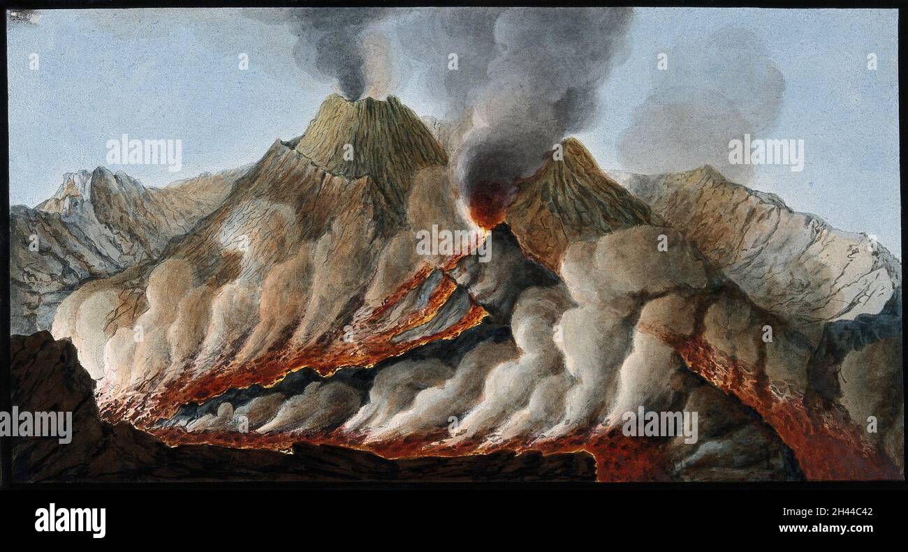 Mount Vesuvius: interior of the crater showing the flow of lava in an ...