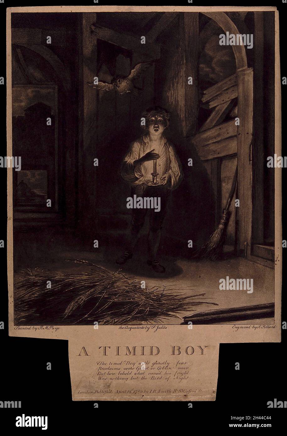 A timid boy entering a darkened barn. Aquatint by R. Pollard, 1785 ...