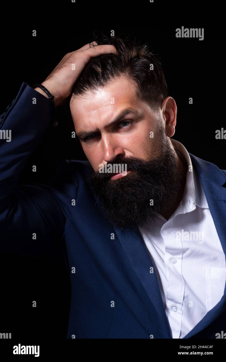 Man haircut, modern hair style. Close up portrait of male model with ...