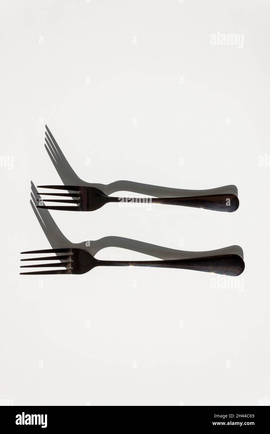 Two forks with sharp shadows of sun on a white background. Menu design ...