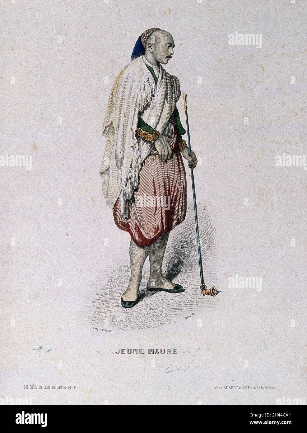A young Moorish man smoking a long-stemmed pipe. Coloured etching by ...