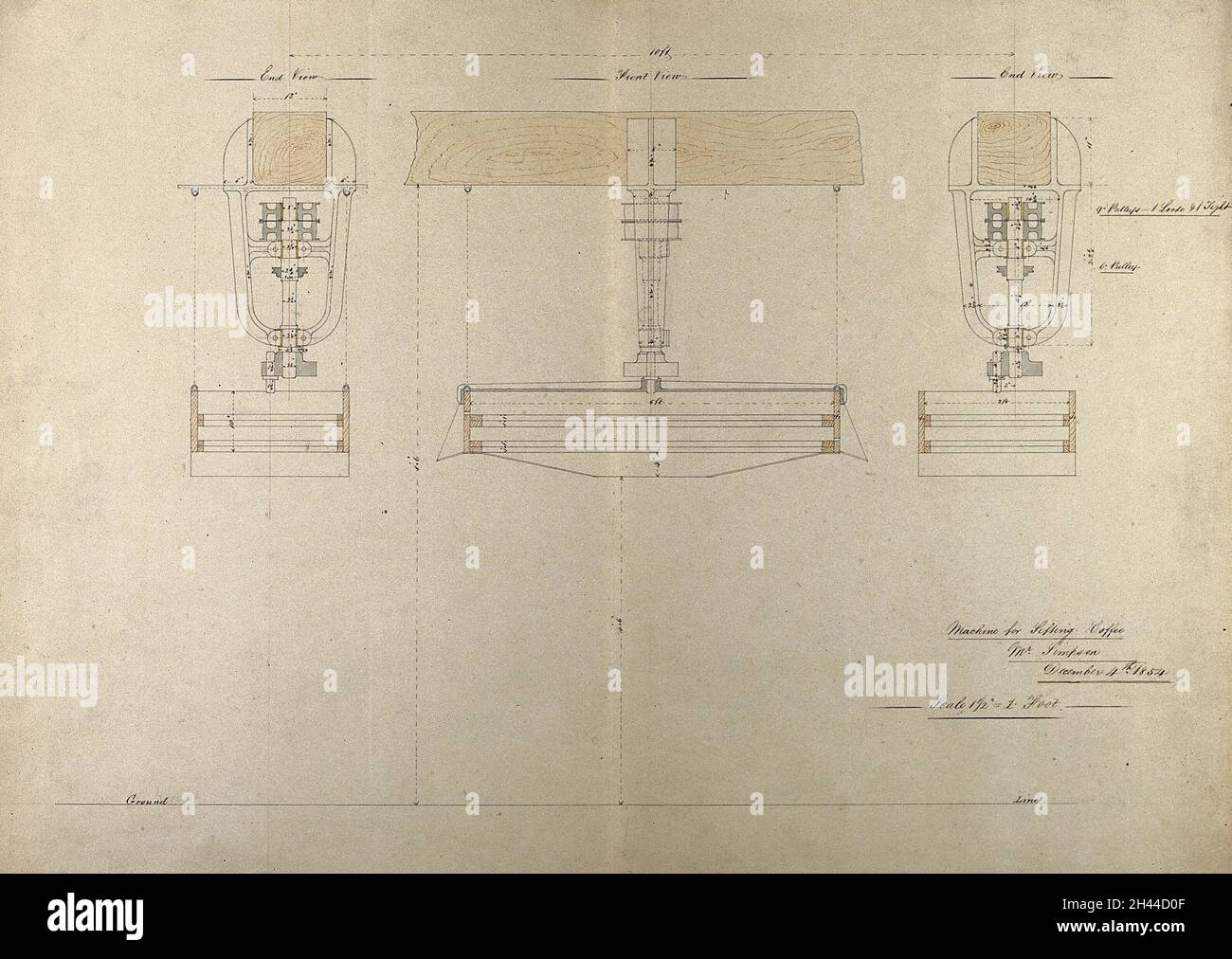 Engineering: a machine for sifting coffee, front and side elevations ...