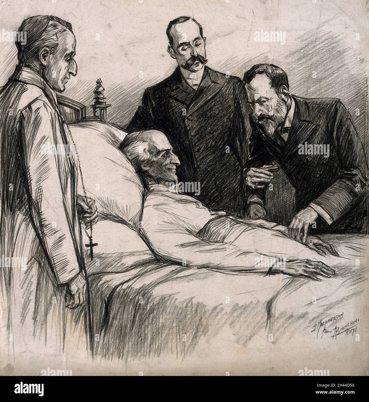 Pope Leo XIII on his deathbed. Charcoal drawing by D. MacPherson after ...