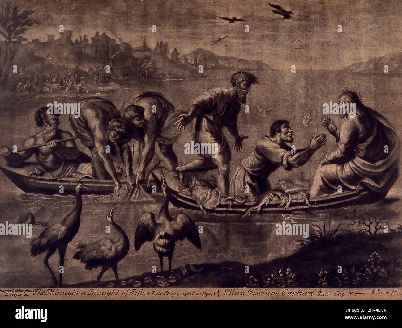 The apostles suddenly receive a miraculous shoal of fishes. Mezzotint ...