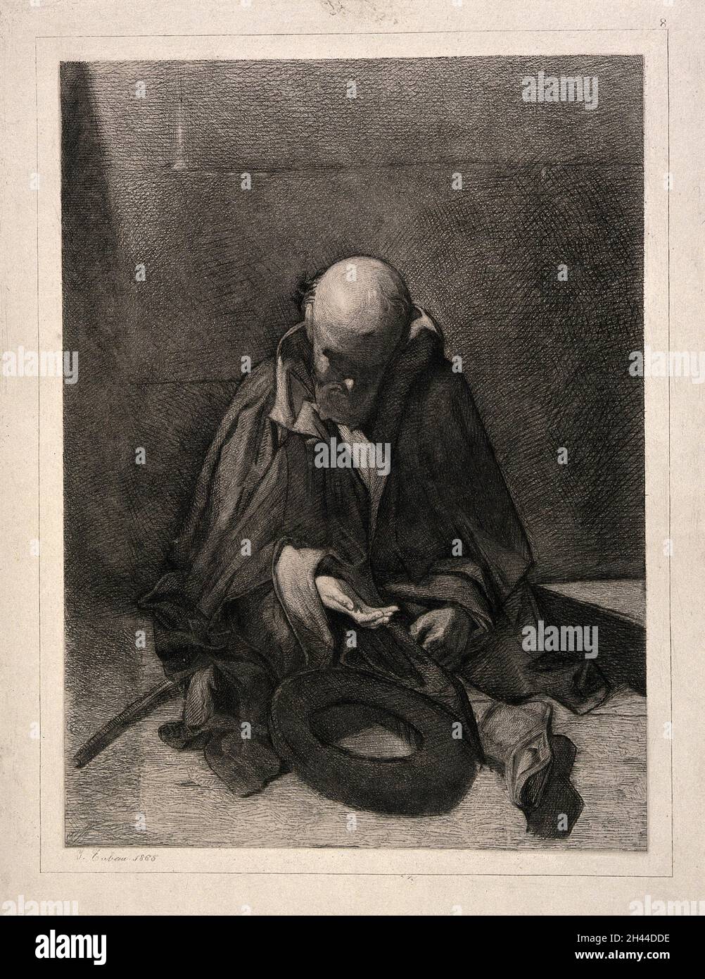 A blind beggar sits, head lowered, hand begging for money. Etching by J ...