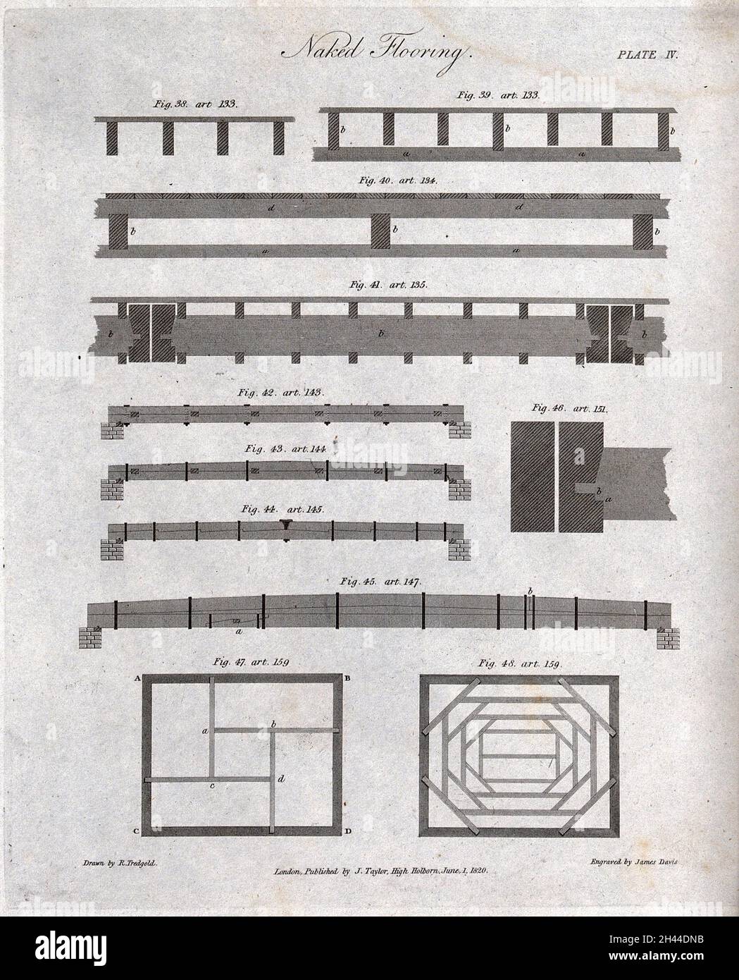 Building: floor joists, simple and composite wooden beams. Engraving by ...