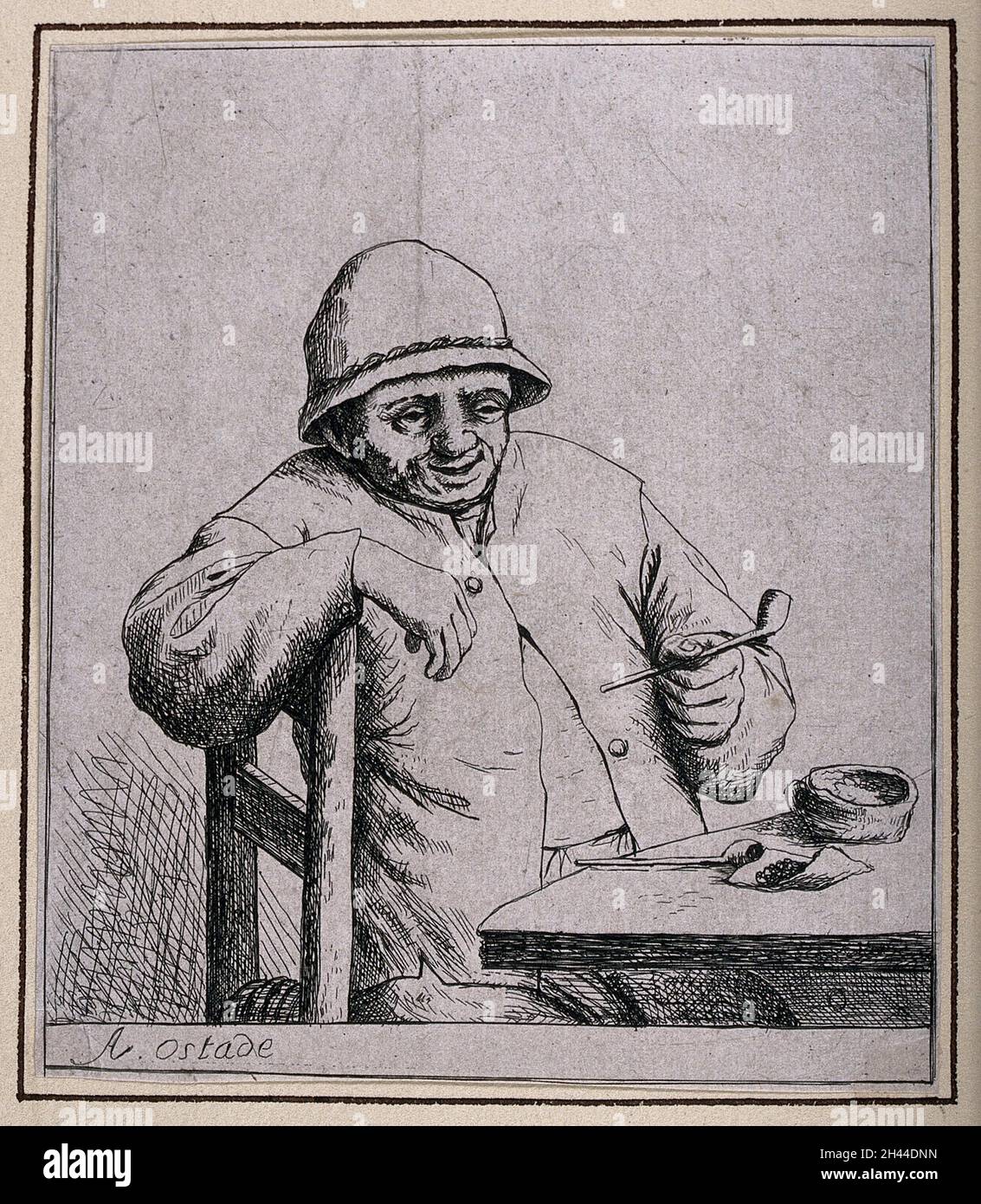 A man sits at a table preparing to smoke his pipe. Etching by D ...