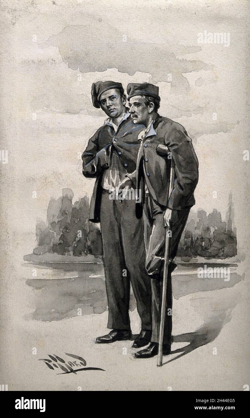 Boer War: a one armed man helps a one legged man. Wash drawing by H.H ...