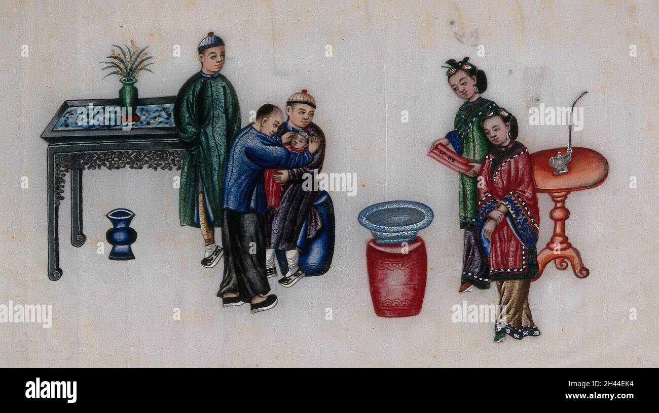 A Chinese doctor examining a child. Painting by a Chinese artist, ca ...
