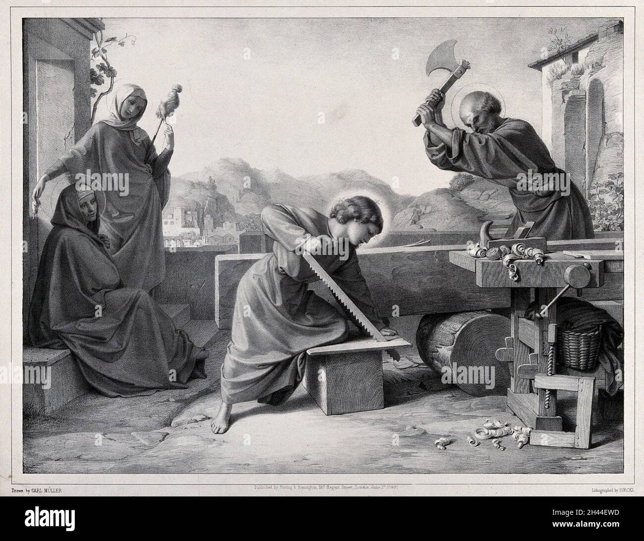 The youthful Christ helps Joseph with his carpentry; Mary and Anne look ...