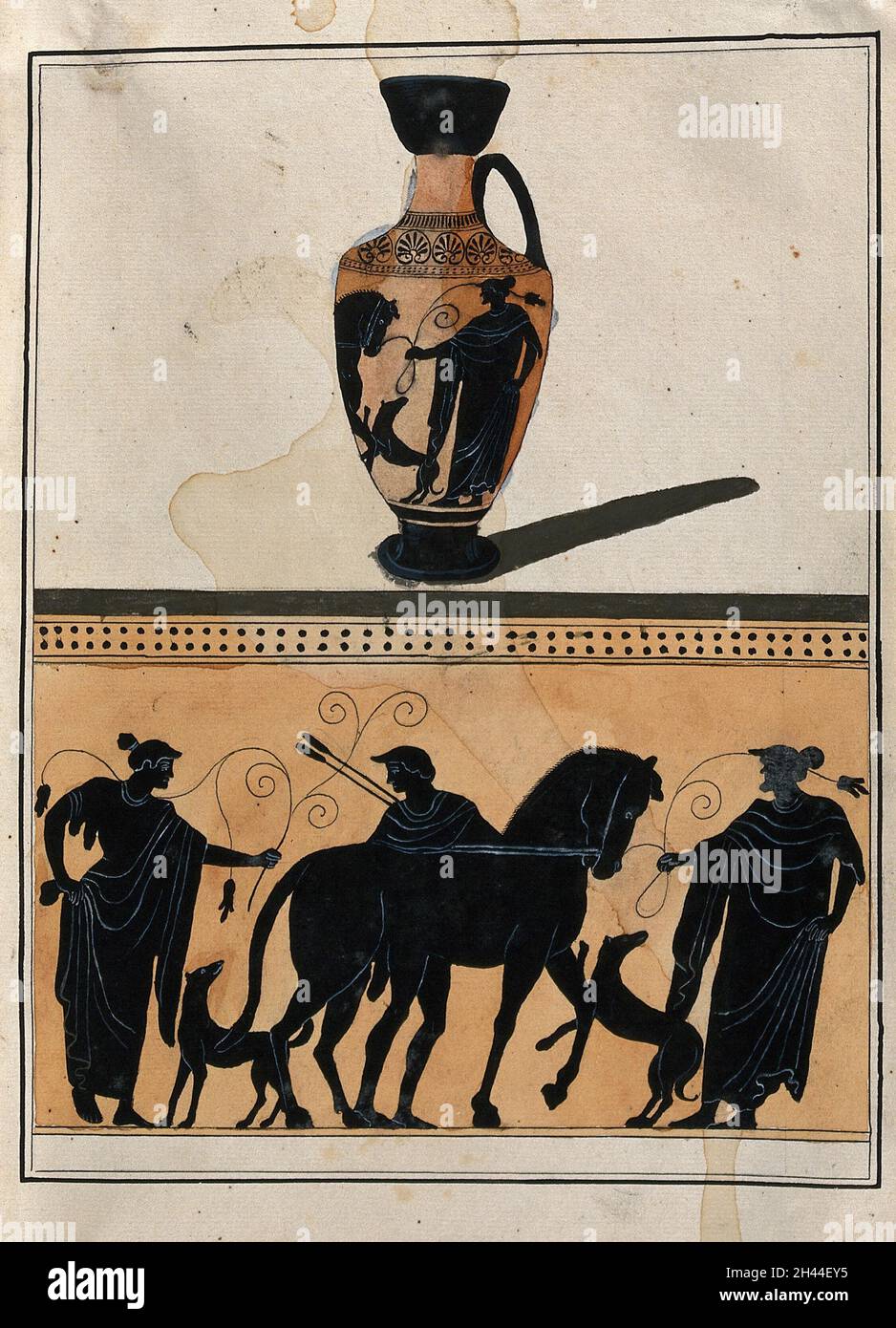 Above, black-figured Greek perfume bottle (lekythos); below, detail of ...