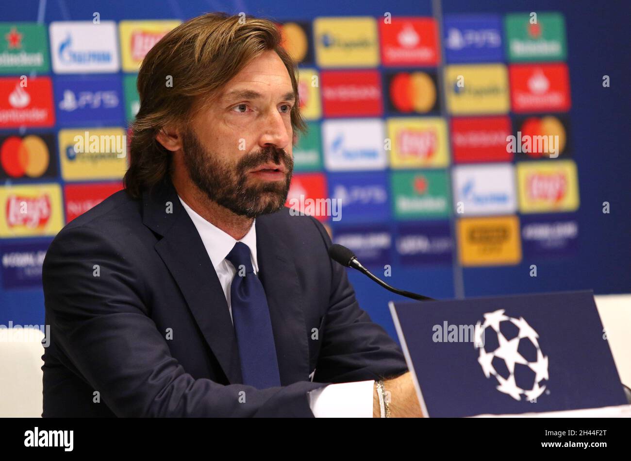 KYIV, UKRAINE - OCTOBER 20, 2020: Juventus manager Andrea Pirlo attends the press-conference ...