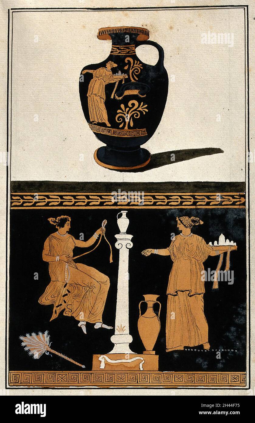 Above, red-figured Greek water jar (hydria) decorated with figures ...