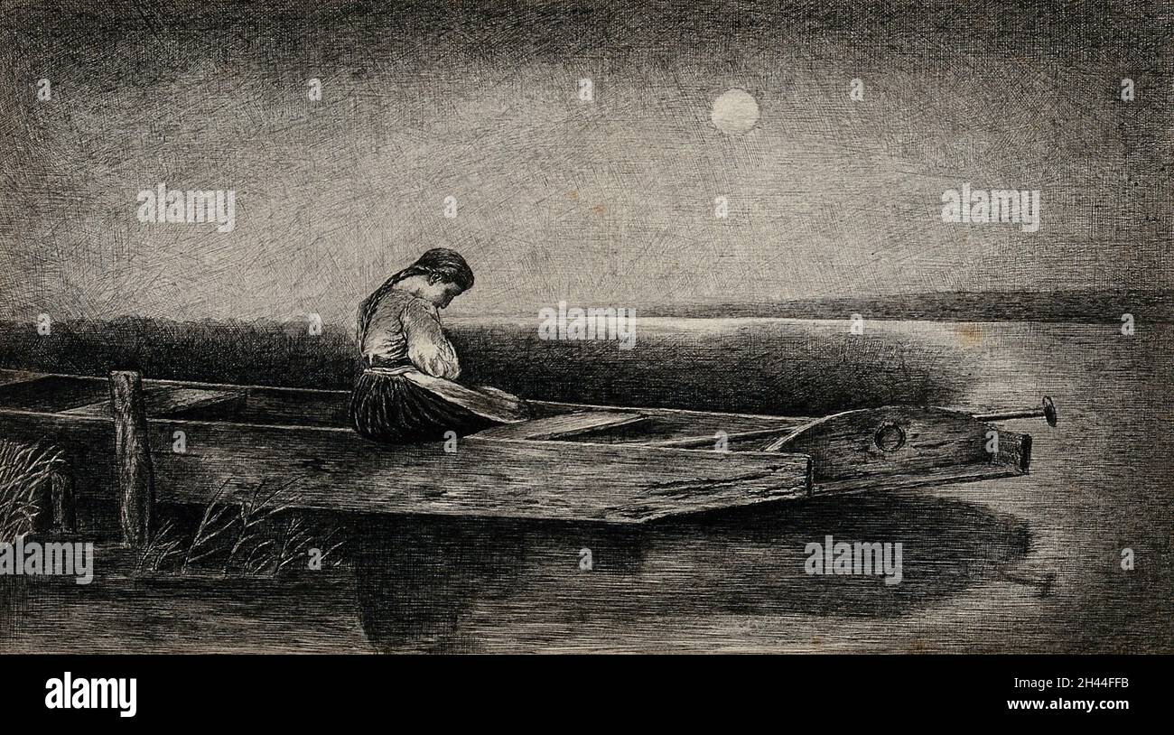 A woman seated on a flat boat on a marsh in the moonlight. Etching ...