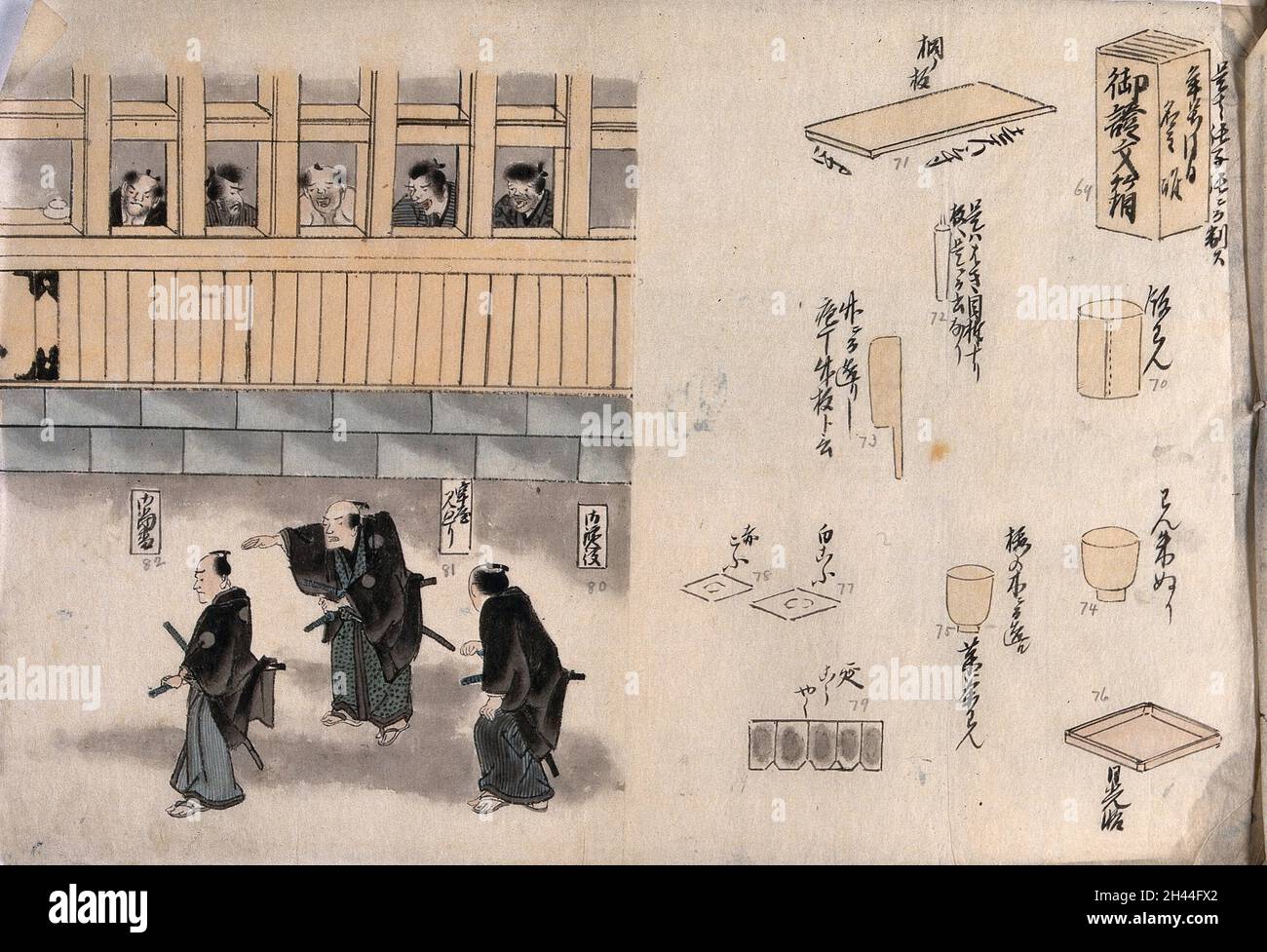 Objects of standard issue for Japanese prisons. Gouache painting by a ...