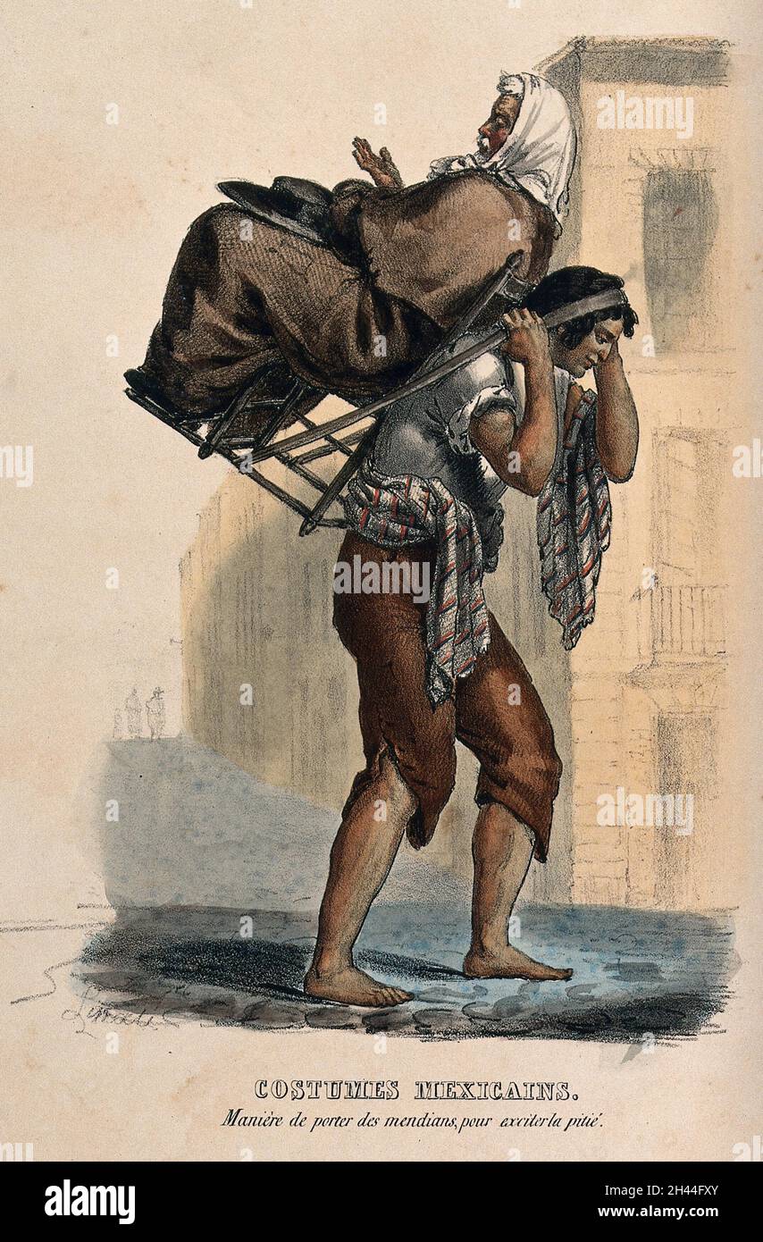 A man in Mexico is carrying a blind old man in a chair on his back in ...