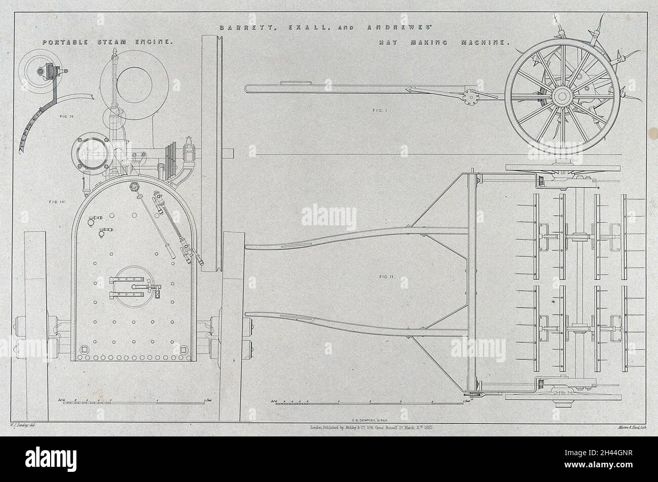 Engineering: a portable steam engine (front elevation), and a hay ...