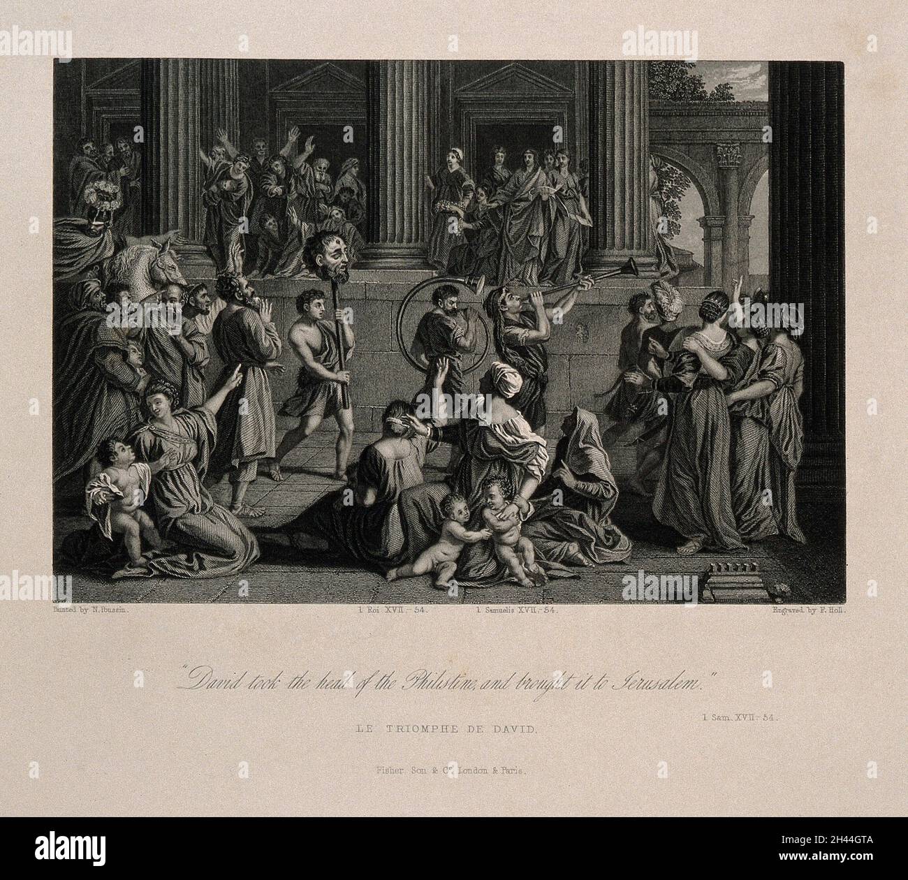 David parading the head of Goliath. Engraving by F. Holl after N ...