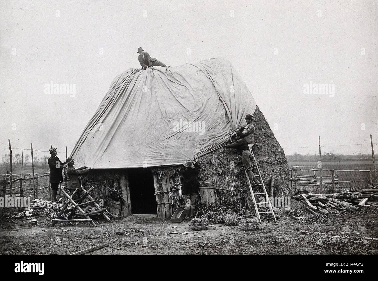 Nettuno, Italy: a thatched hut being covered by sheeting by Italian men ...