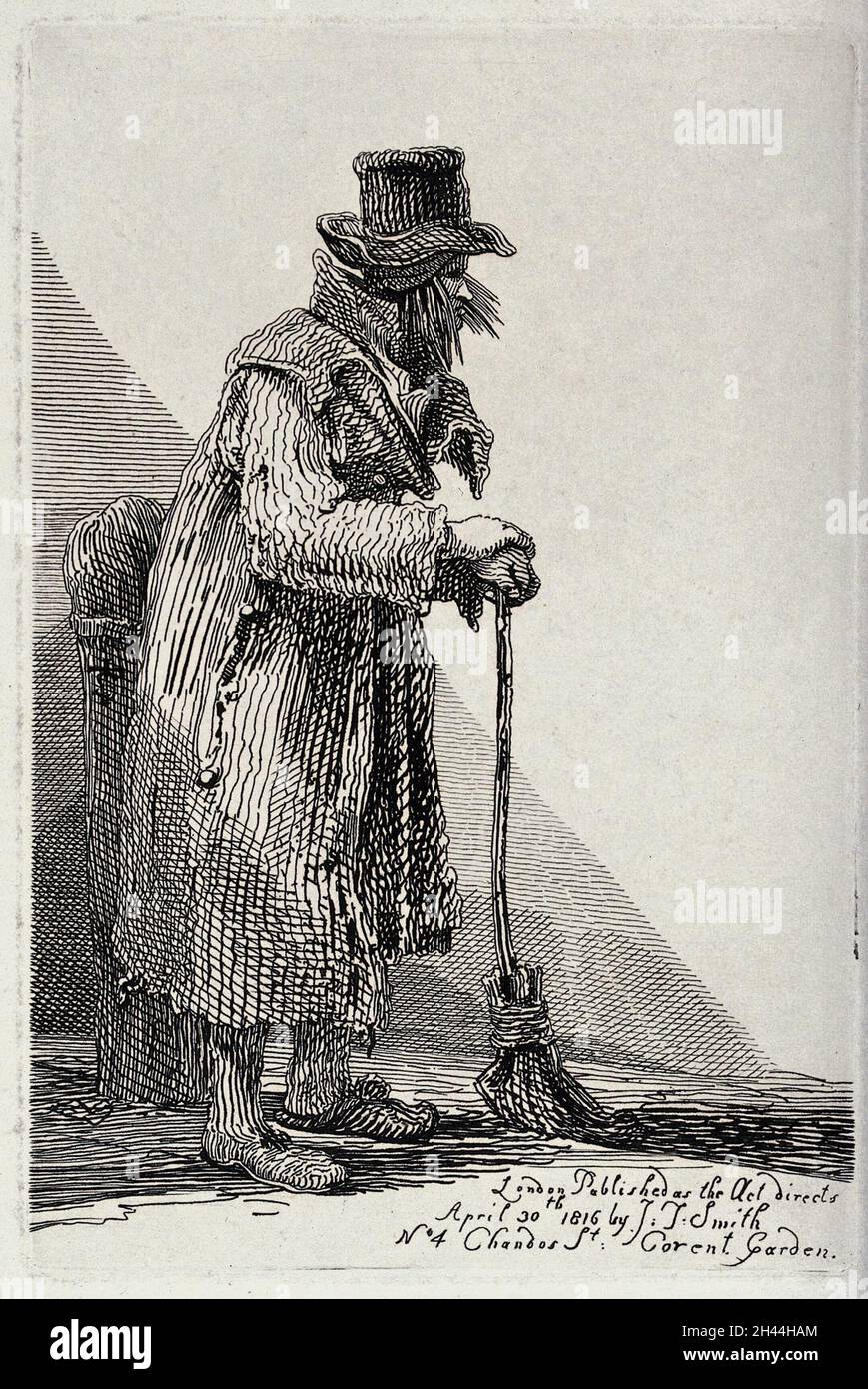 An old man in tattered clothes leaning on a broom for support. Etching ...
