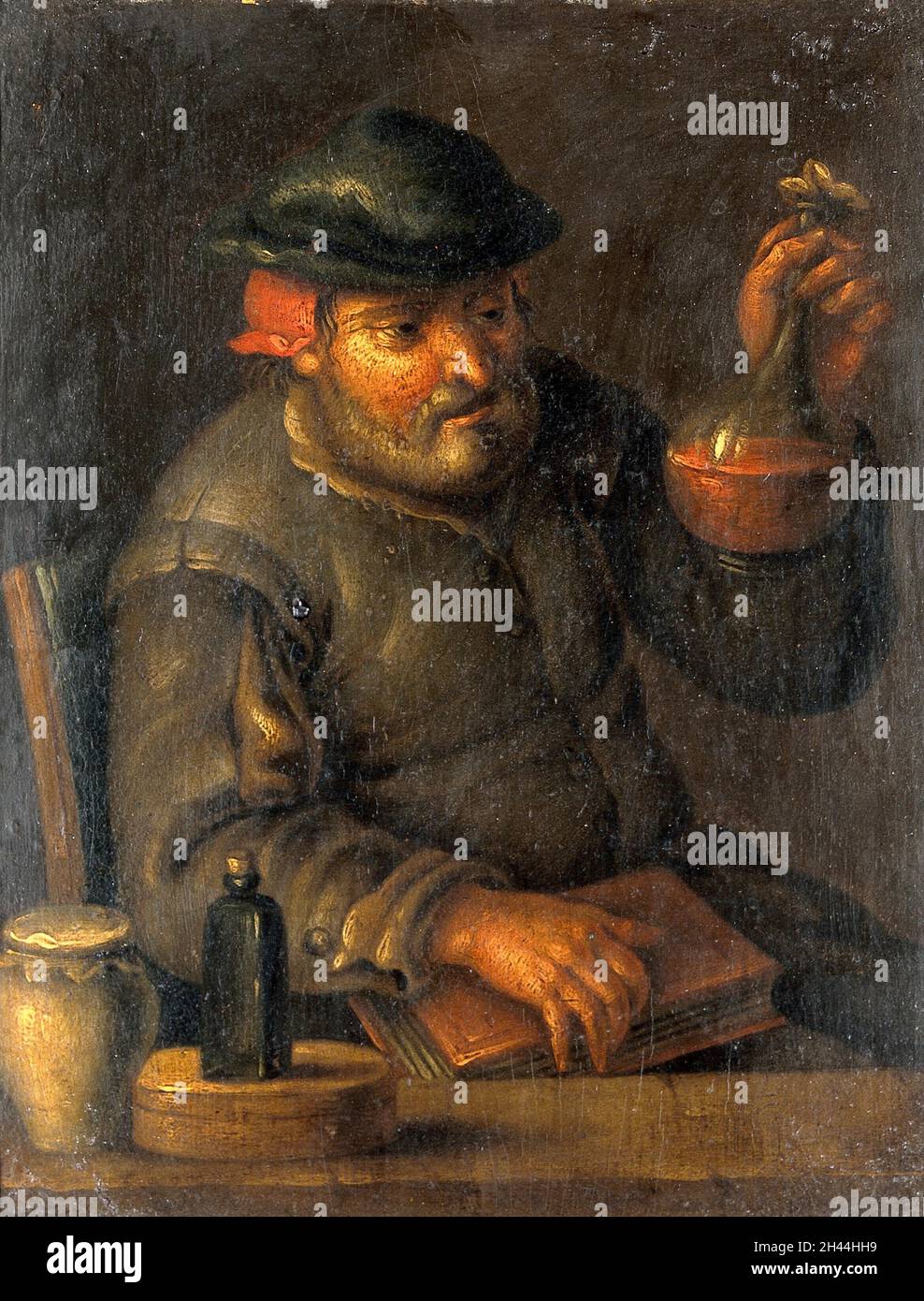 A physician (?) examining a urine-flask. Oil painting by an Hungarian ...