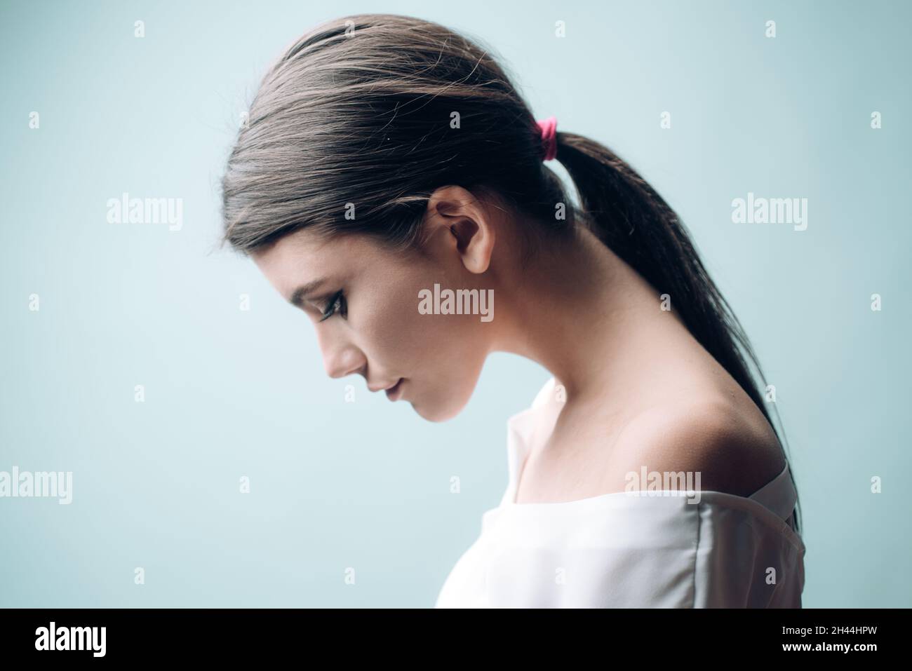 Thinking woman looking down. Problems solution. Overthinking girl Stock ...