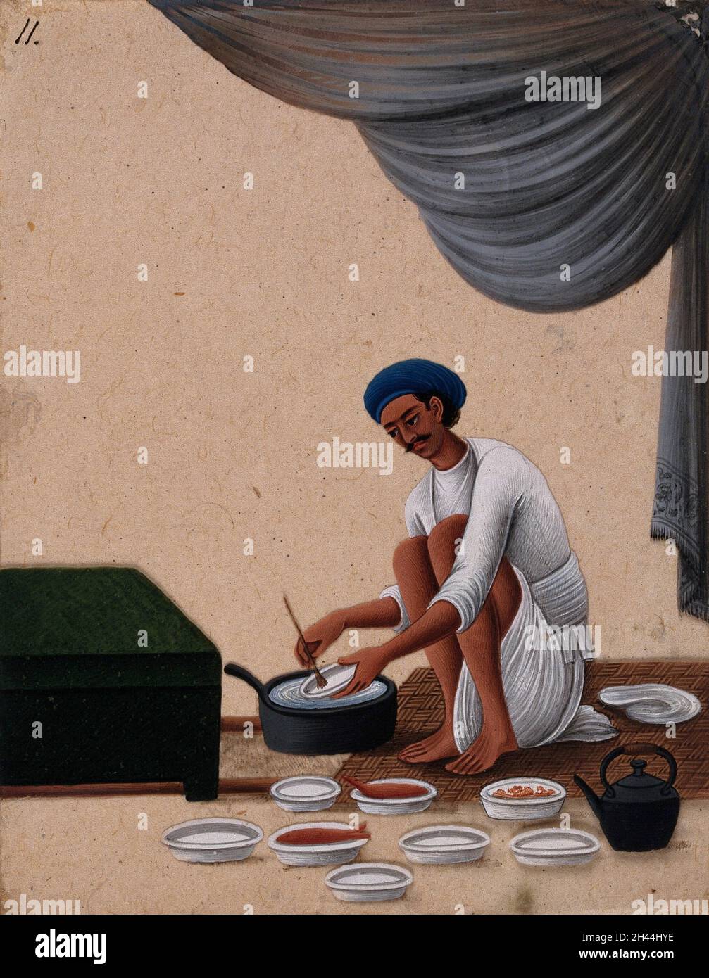 A man washing dishes. Gouache painting on mica by an Indian artist ...