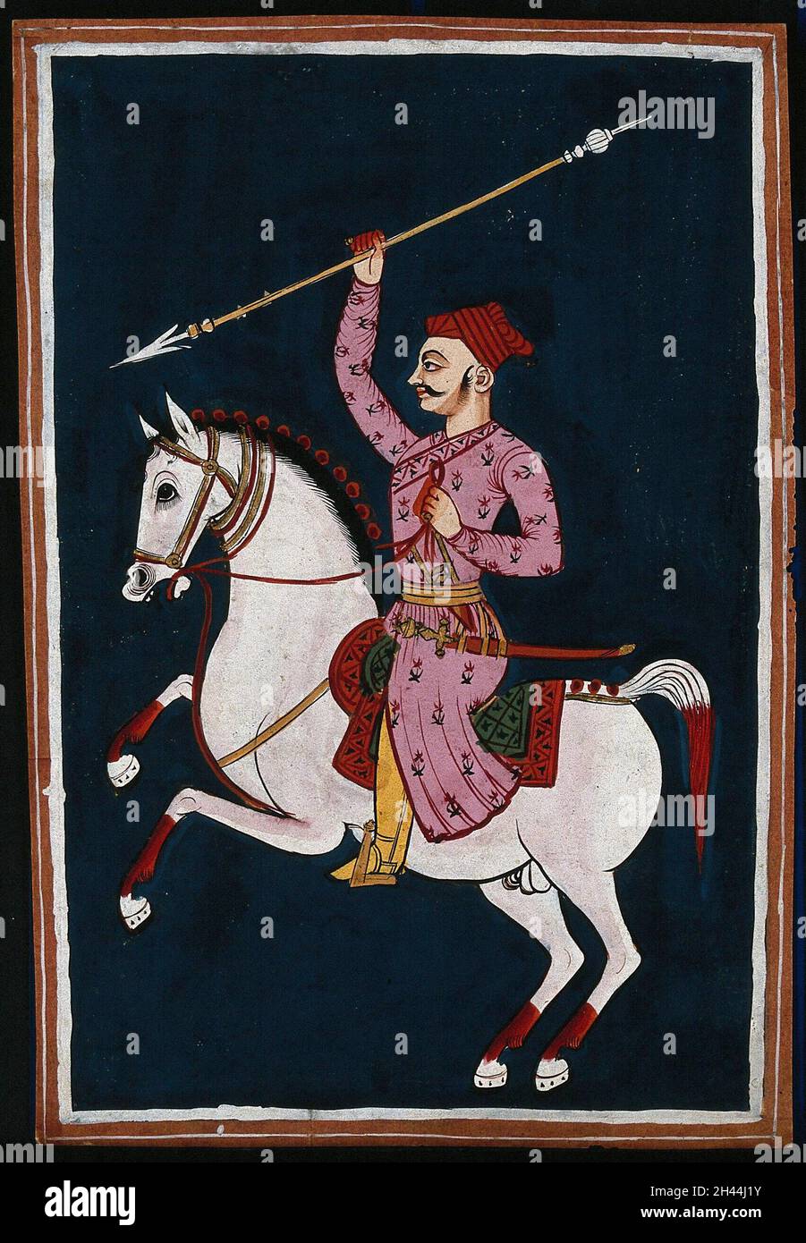 A Rajput warrior on a horse holding a spear. Gouache painting by an ...