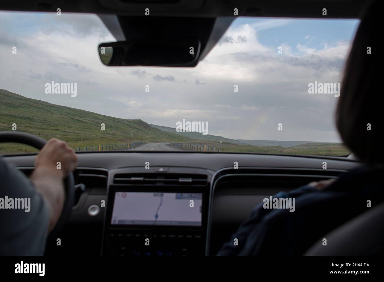 Interior of a rental car driving with Ring Road landscape Stock Photo ...