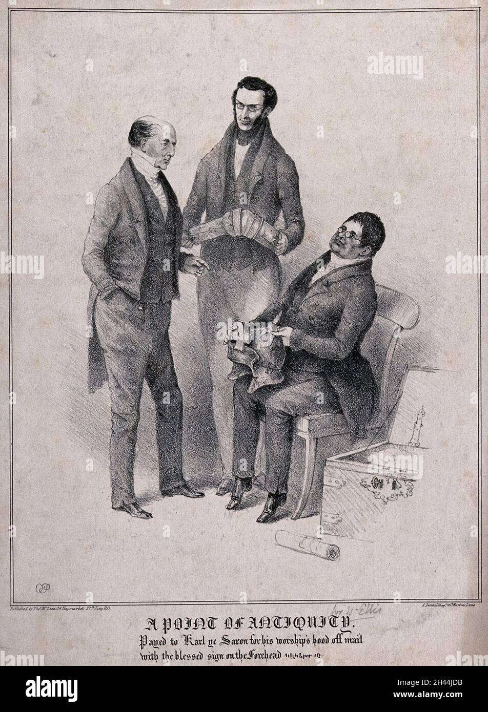 Three antiquarians discussing pieces of armour held by two of them ...