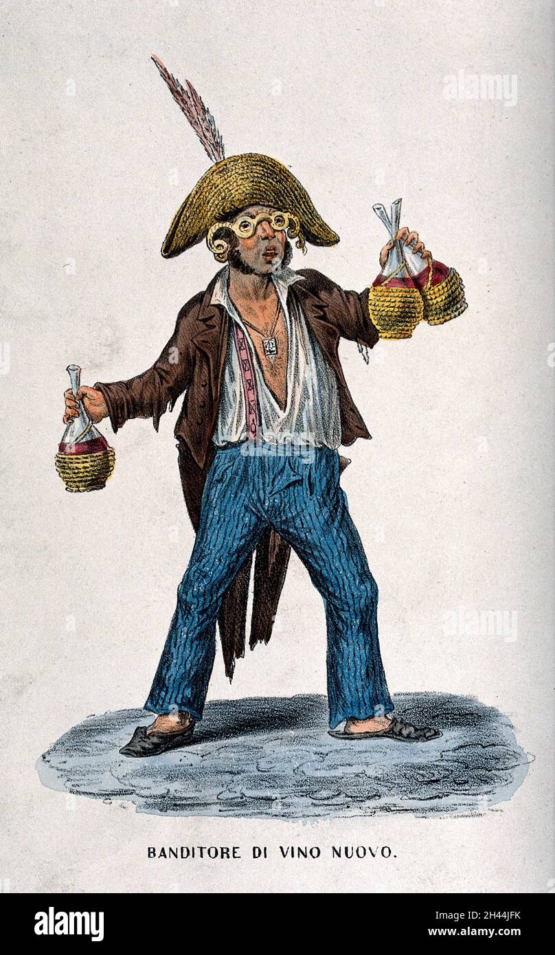 A seller of red wine crying up in his wares. Colour lithograph Stock ...