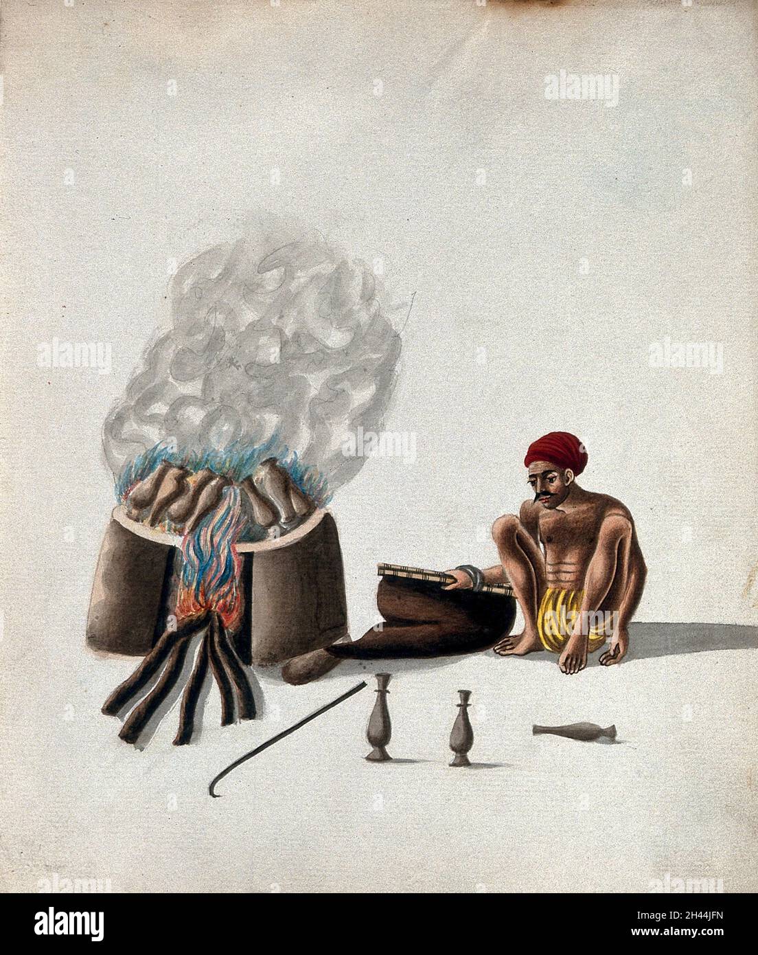 A man firing pots in a wood smoked oven. Gouache painting by an Indian ...
