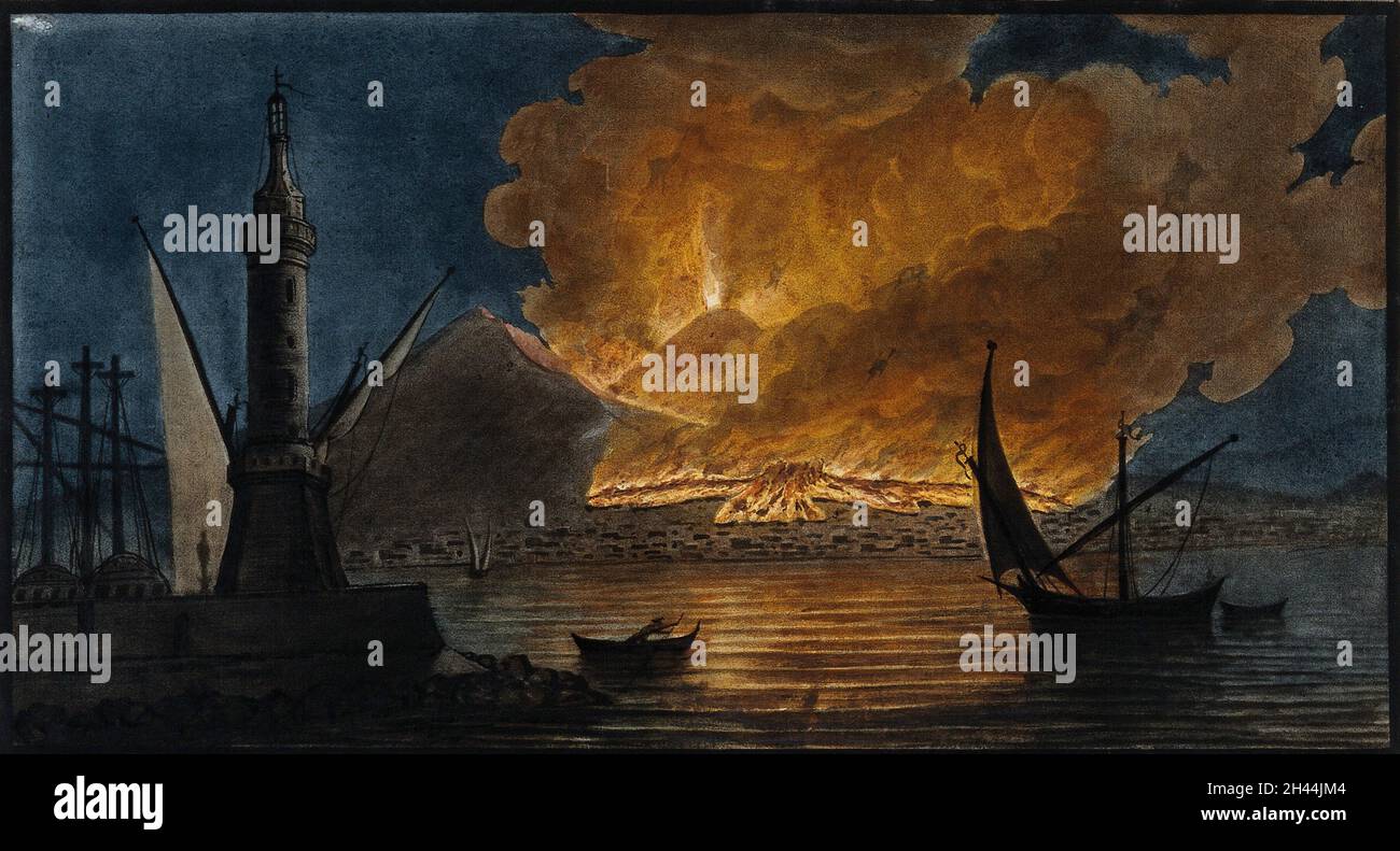 Mount Vesuvius in eruption in 1767, from the mole at Naples. Coloured ...