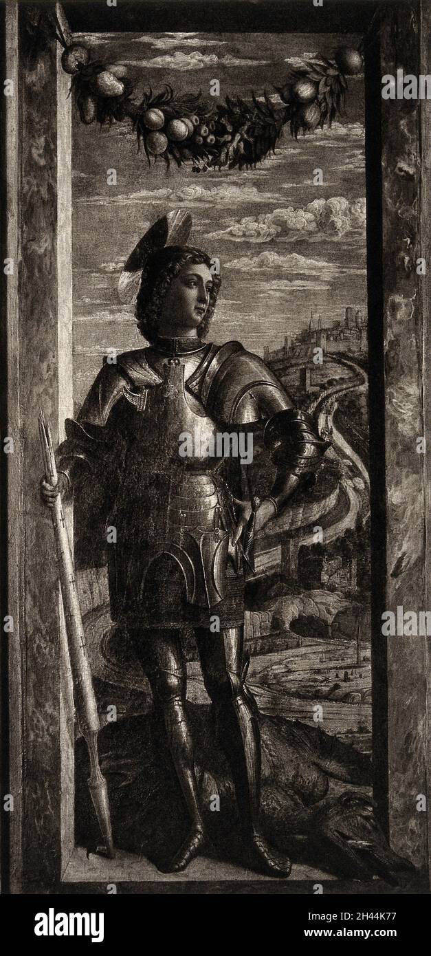 Saint George wearing armour and holding a lance, a dead dragon at his ...
