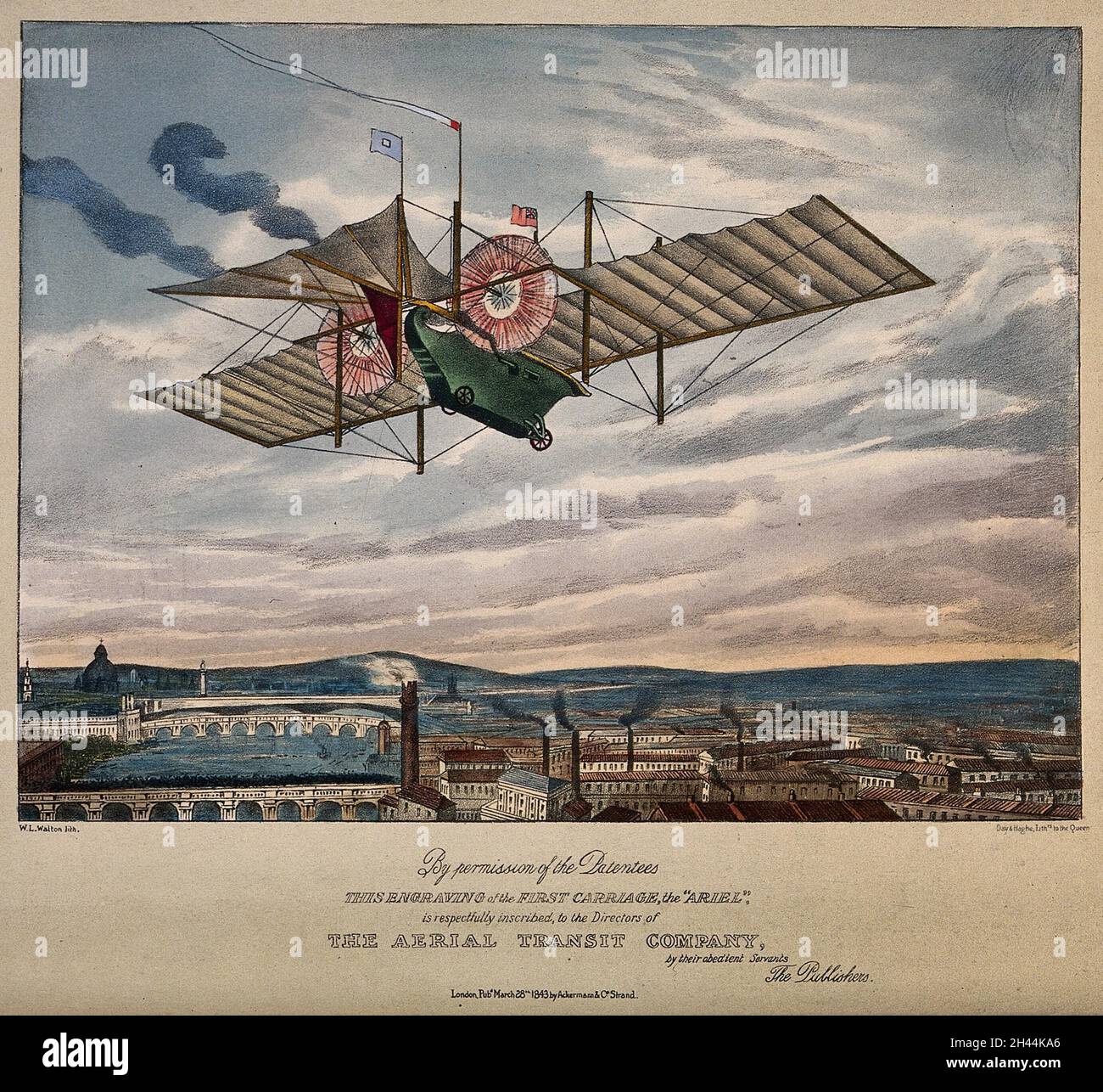 A large flying machine with sails and propellers is travelling over a ...
