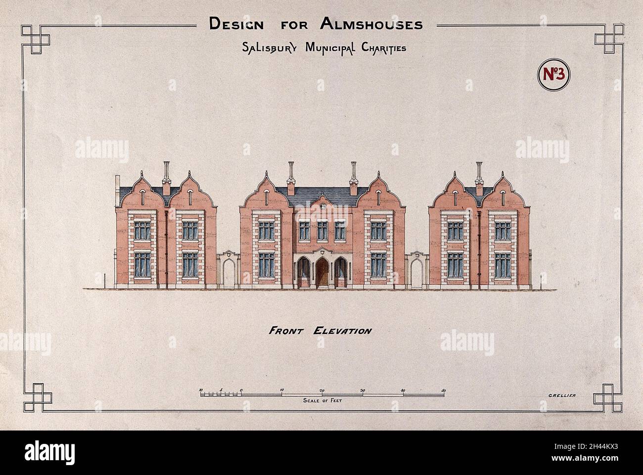 Almshouse, Salisbury: front elevation. Coloured drawing by W. Grellier ...