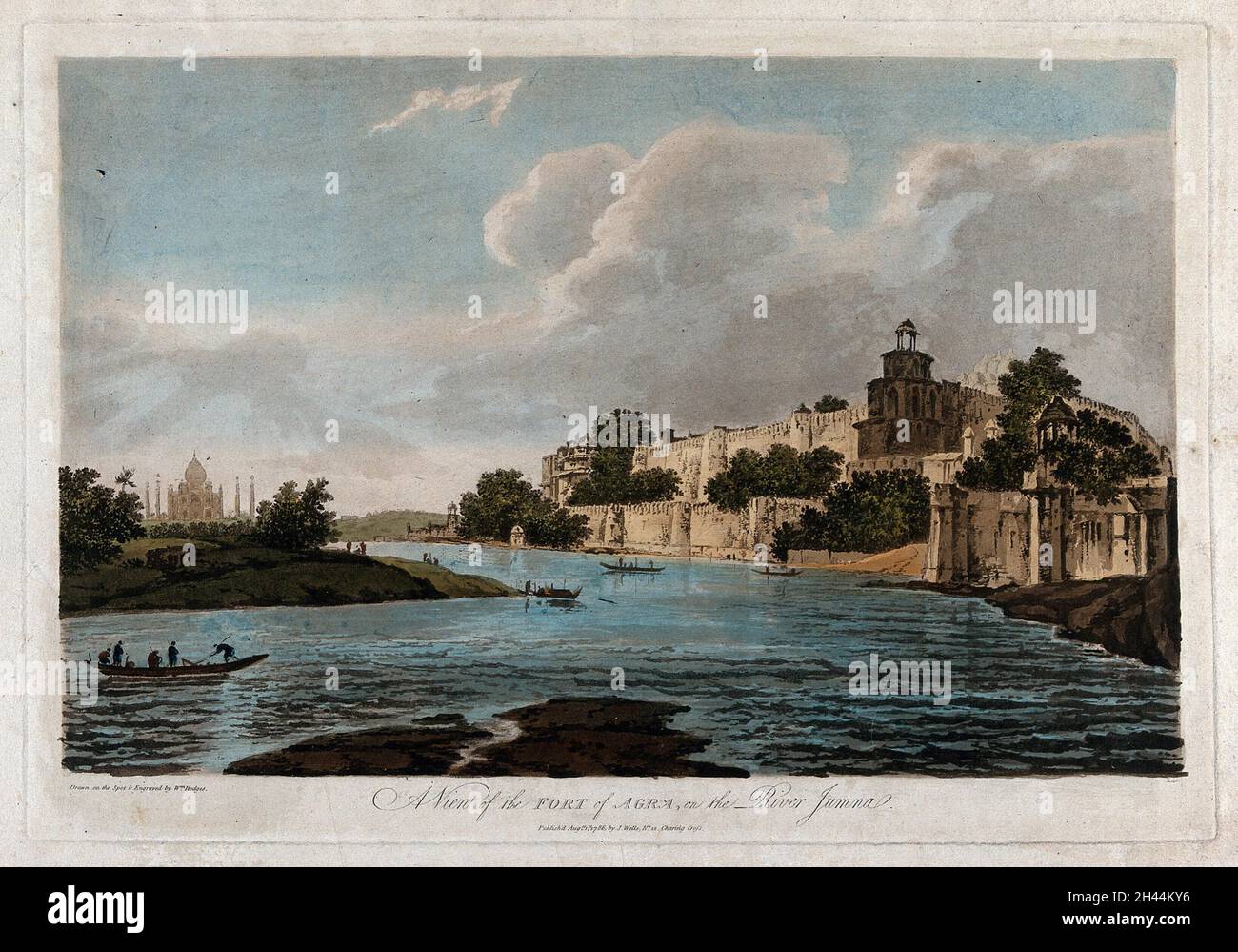 Fort at Agra, seen from the river Yamuna, Uttar Pradesh. Coloured ...